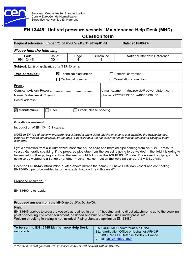 EN 13445 Technical Clarifications Request | PDF | Standardization ...