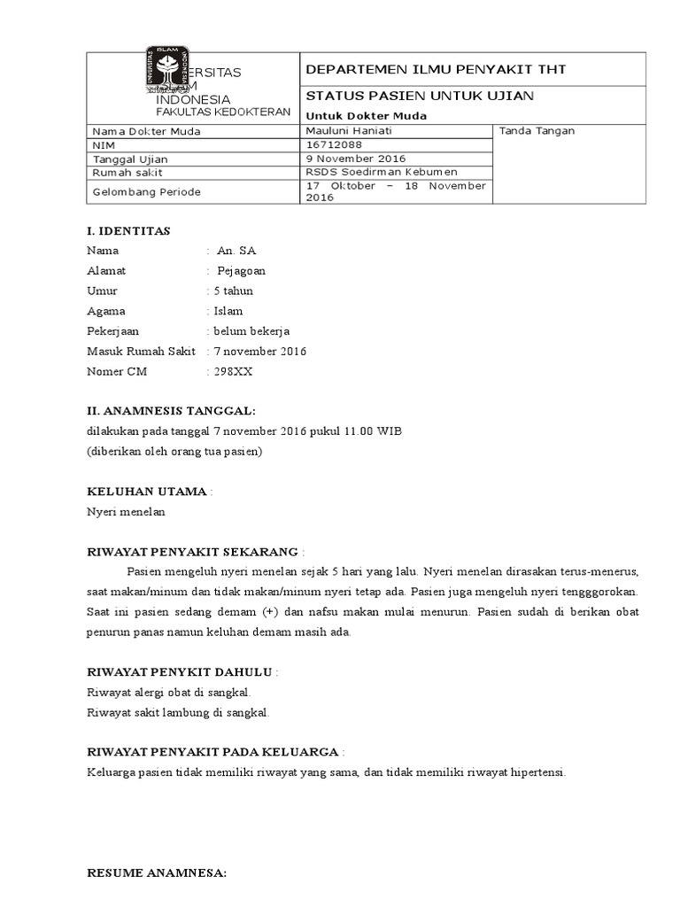 Status THT Tonsilitis | PDF