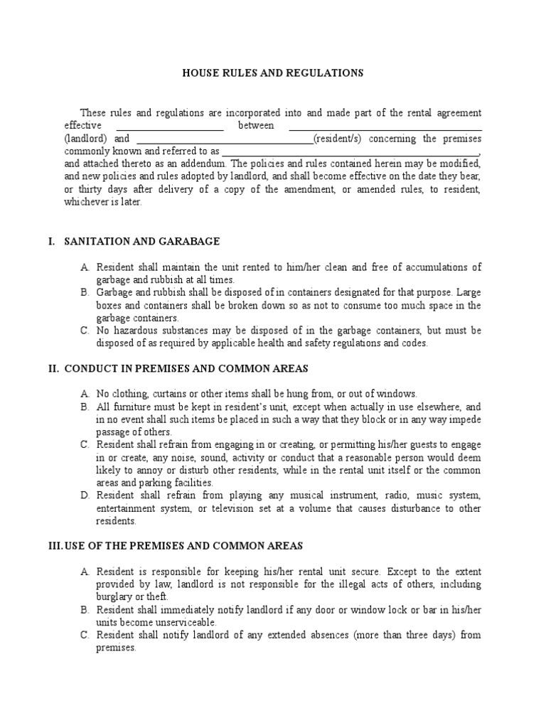 House Rules and Regulations | PDF | Vehicles | Cabinetry