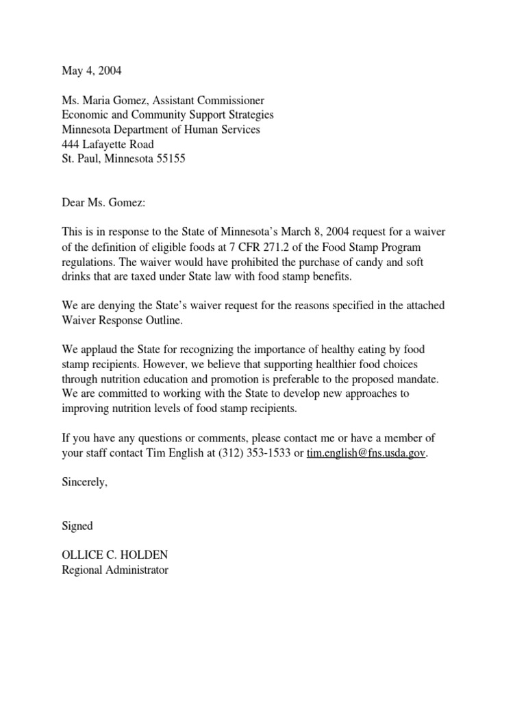 Denial of Minnesota SNAP Waiver Request | PDF | Supplemental Nutrition ...