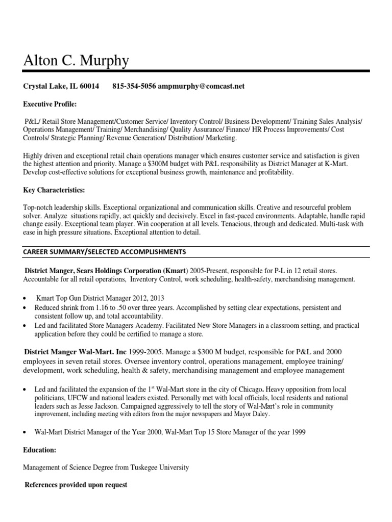 Regional Manager Operations Retail in Chicago IL Resume Alton Murphy ...