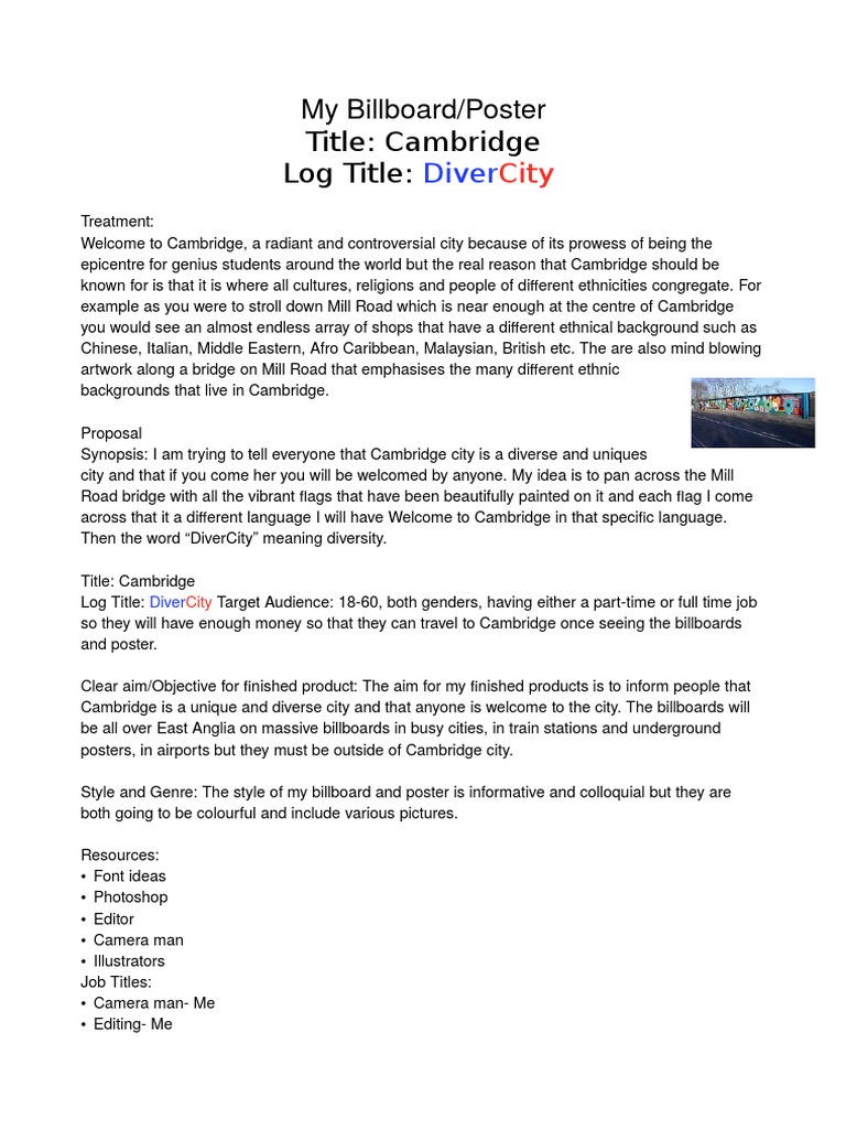 My Treatment and Proposal | Download Free PDF | Cambridge | Billboard