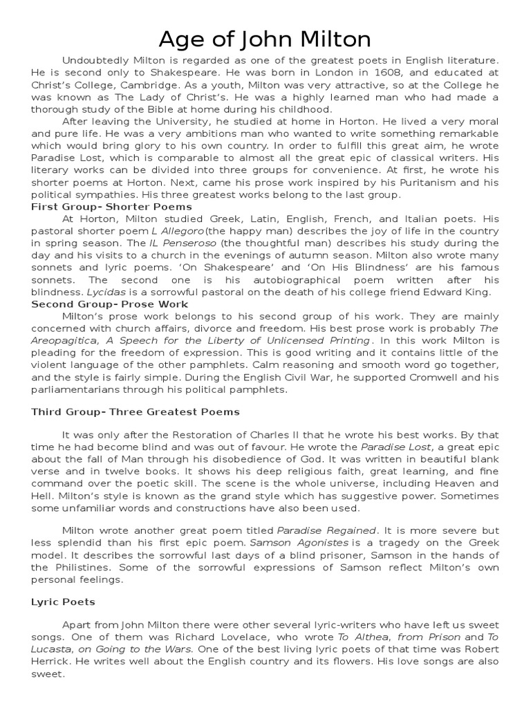 Age of John Milton | PDF | John Milton | Poetry