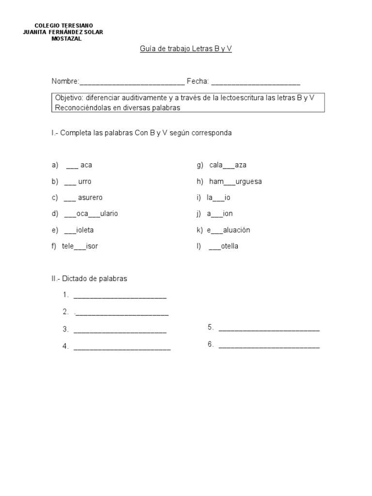 Guía de Trabajo Letras B y V | PDF