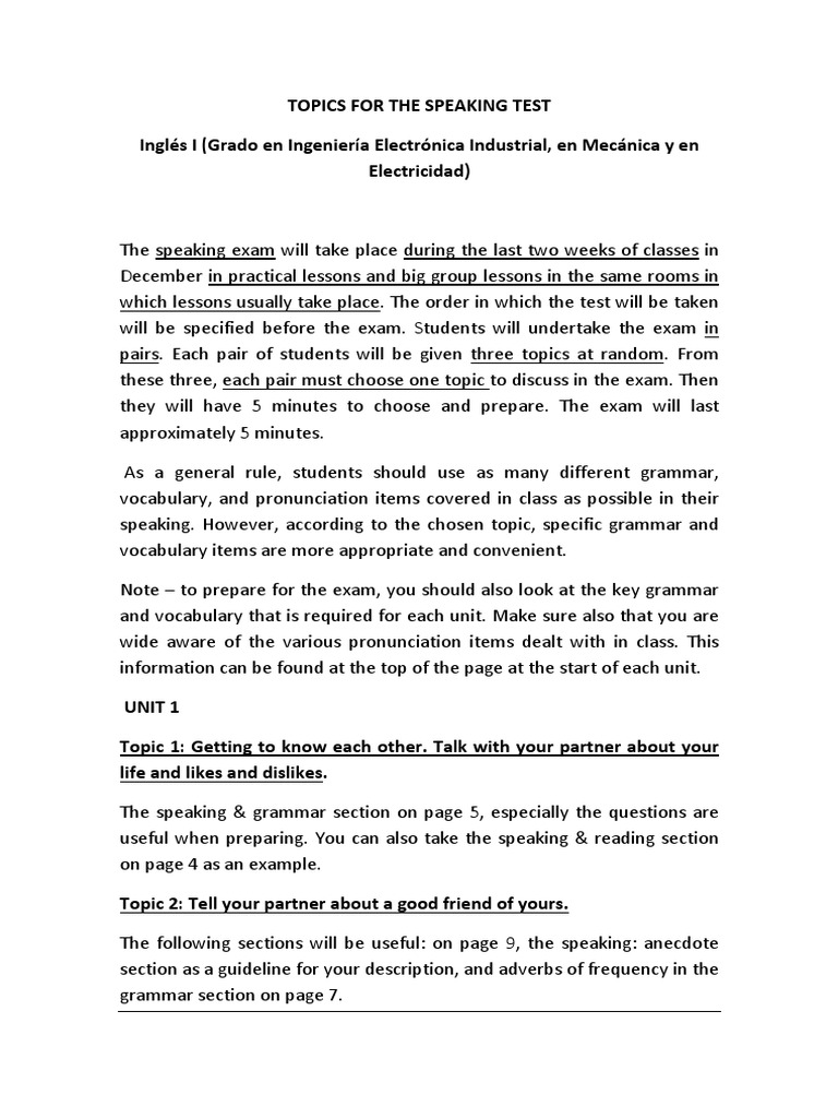Topics For The Speaking Test Inglés I | PDF | Test (Assessment) | Syntax
