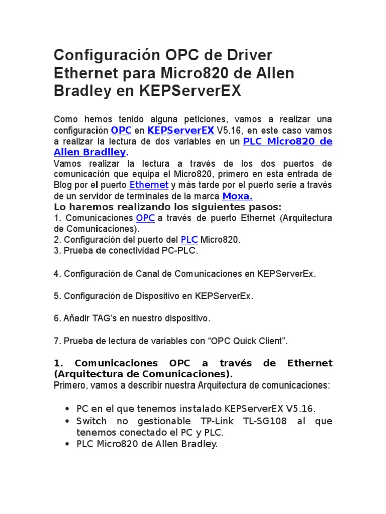 Configuración OPC de Driver Ethernet para Micro820 de Allen Bradley en KEPServerEX | PDF ...