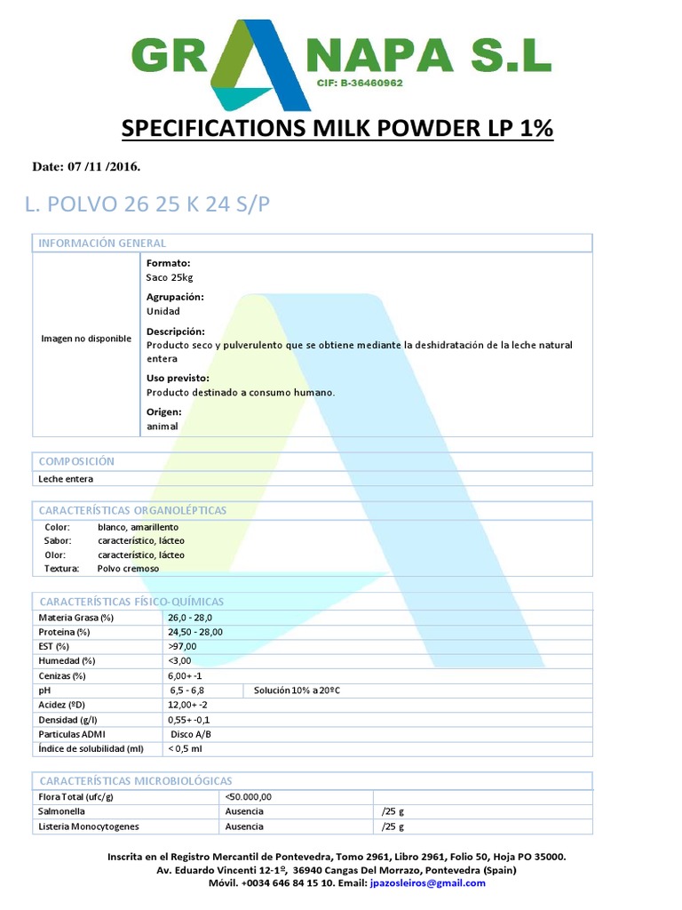 Specifications of Milk Powder LP 26% 15021 - GMX | PDF | Almendra | Leche