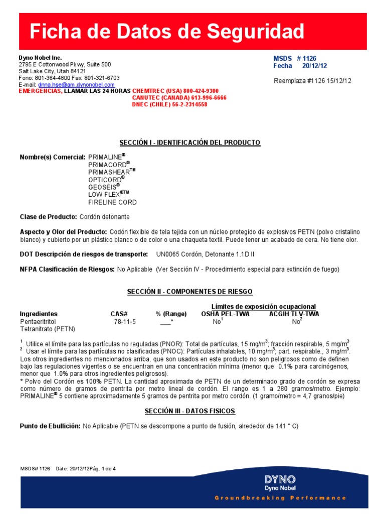 MSDS - Primacord | PDF | Material explosivo | Contaminación