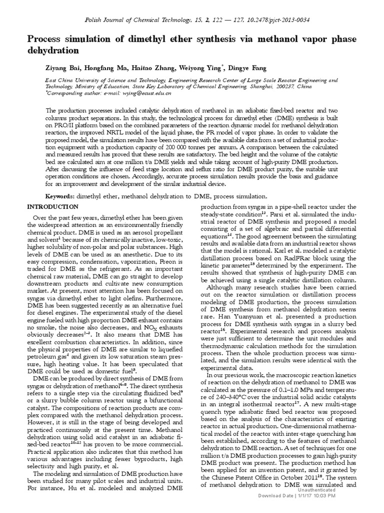 (Polish Journal of Chemical Technology) Process Simulation of Dimethyl Ether Synthesis Via ...
