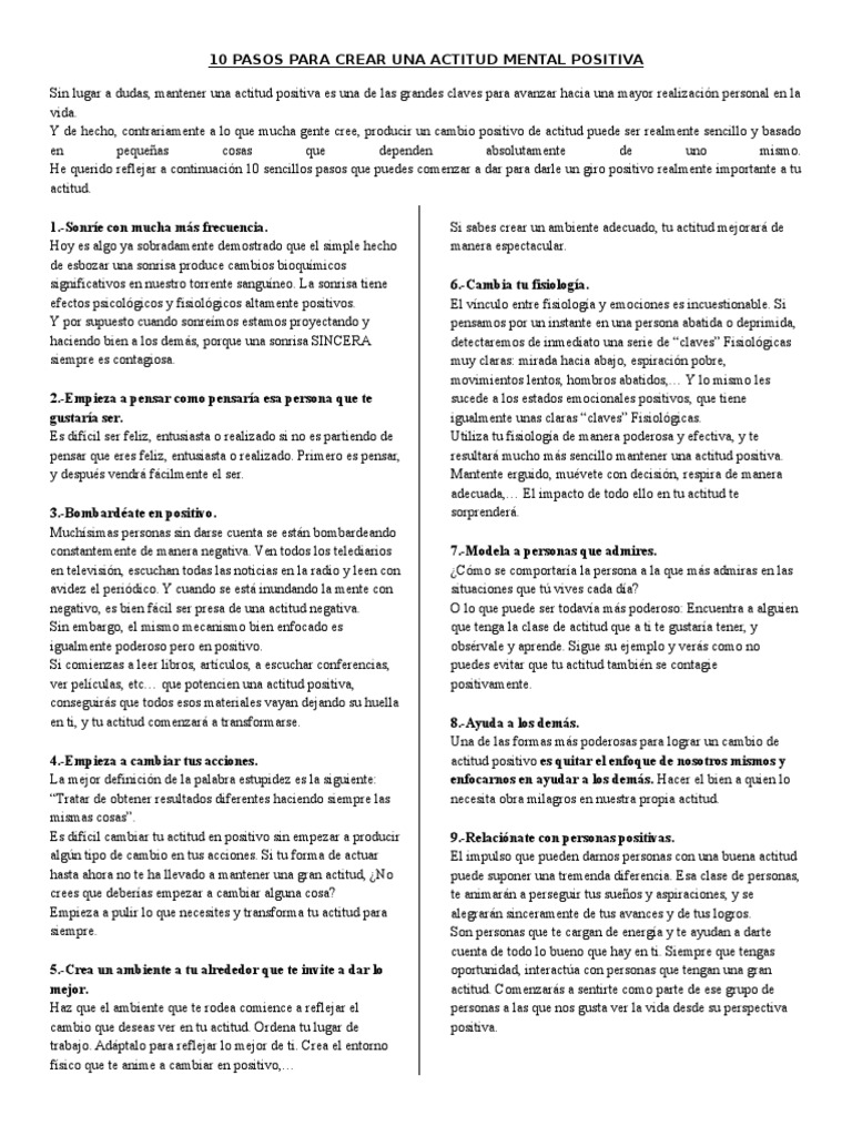 10 Pasos para Crear Una Actitud Mental Positiva | PDF