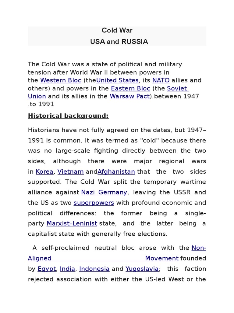 Cold War Usa and Russia: Western Bloc United States Nato Eastern Bloc ...