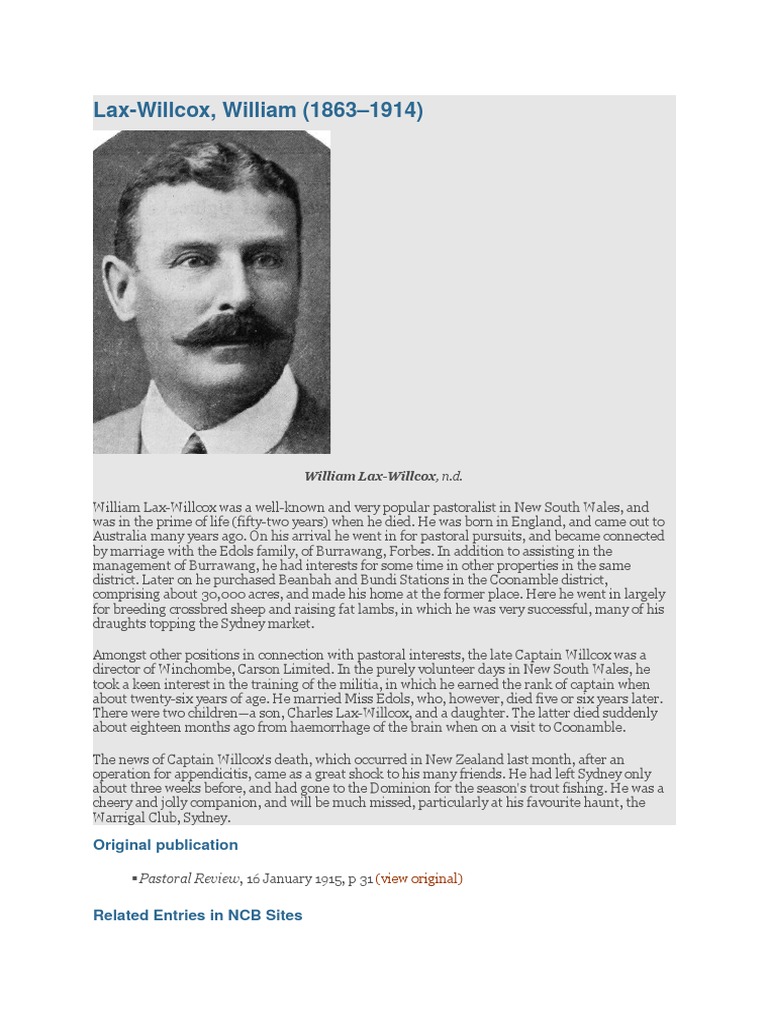 William Lax-Willcox: NSW Pastoralist Obituary | PDF | History | Classics