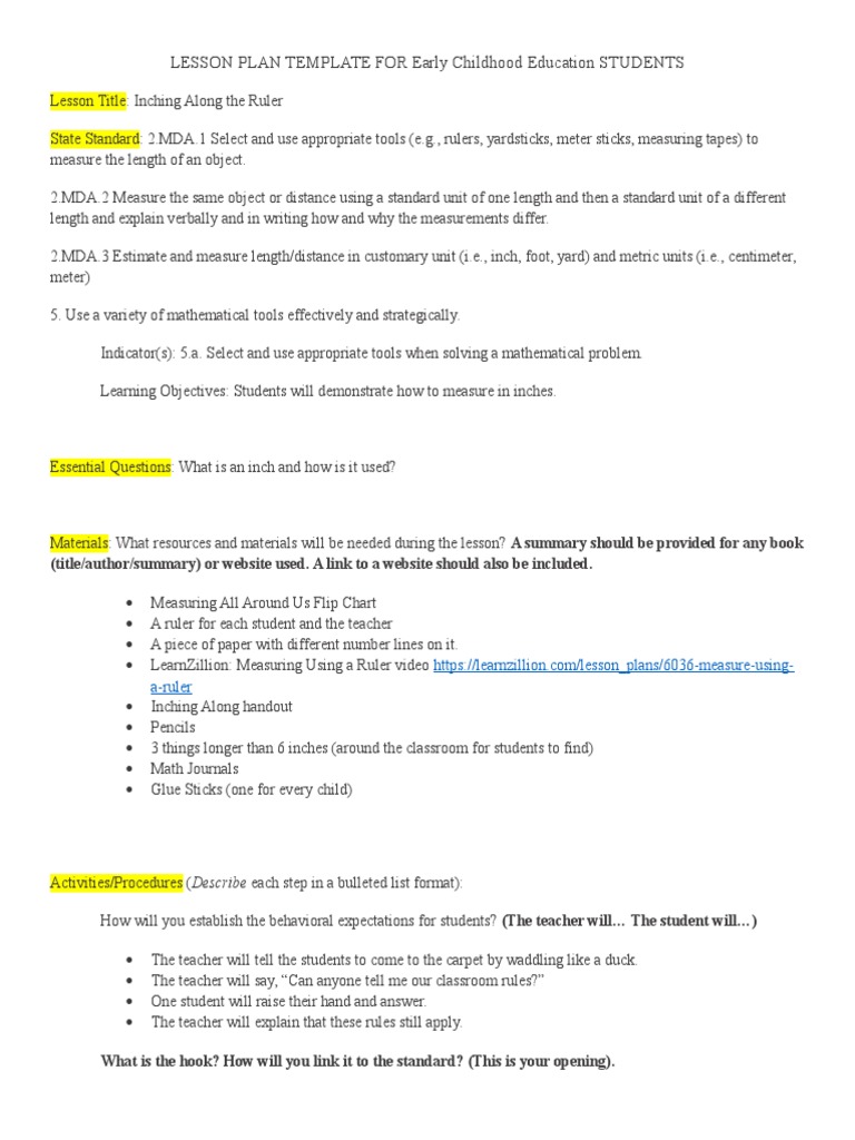 Early Childhood Lesson: Measuring Inches | PDF | Lesson Plan ...