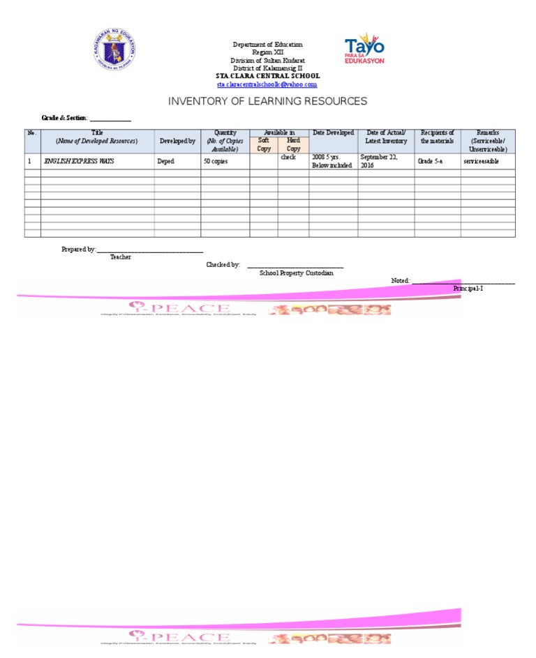 Inventory of Learning Resources - Blank | PDF | Career & Growth ...