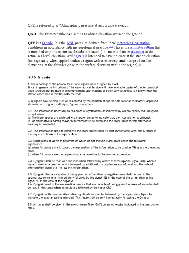 Aviation Q Codes Explained | PDF | Altimeter | Atmospheric Pressure