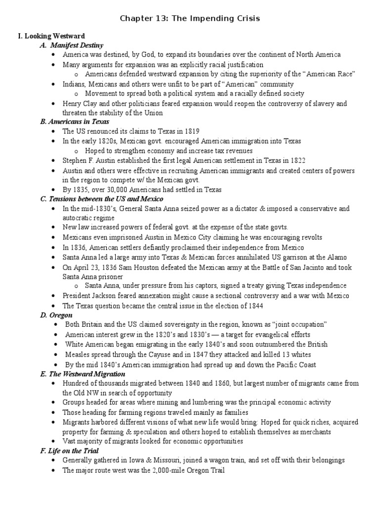 A. Manifest Destiny: Chapter 13: The Impending Crisis I. Looking ...