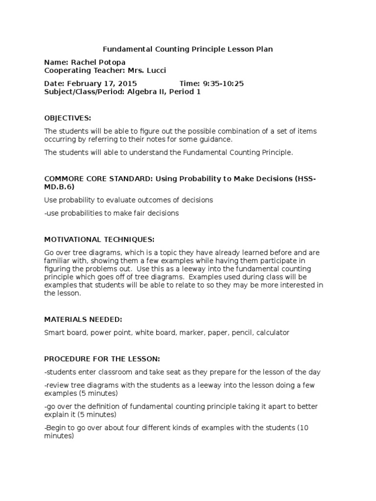 Fundamental Counting Principle Lesson Plan | PDF | Lesson Plan ...