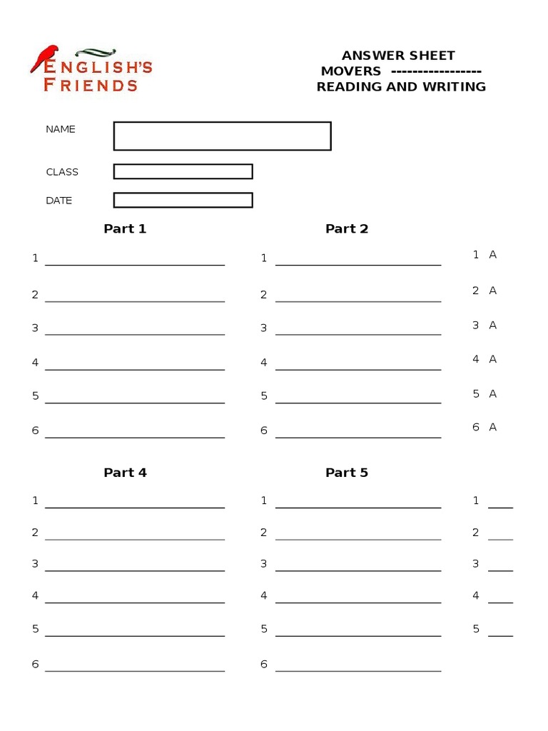 Answer Sheet Movers Reading & Listening | PDF | Technology & Engineering