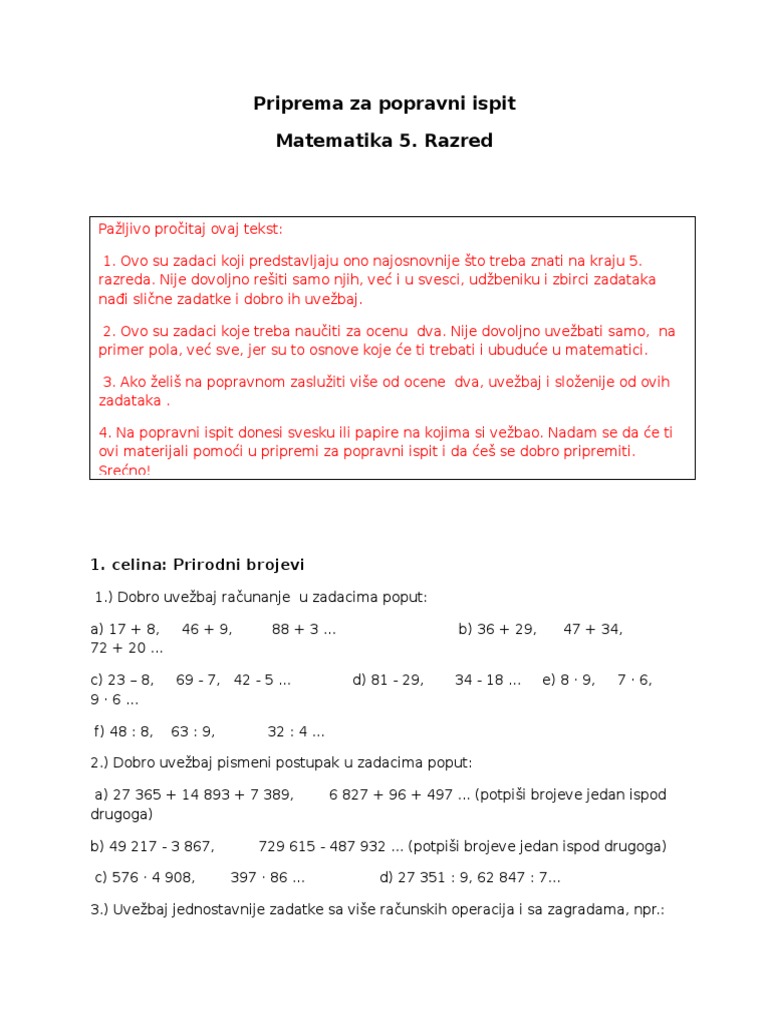 Priprema Za Popravni Ispit 5 Razred | PDF