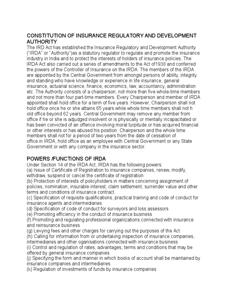 Constitution of Insurance Regulatory and Development Authority | PDF ...