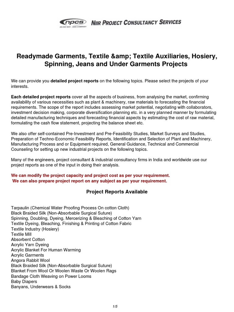 Textile Project Reports & Consultancy Services | PDF | Textiles | Yarn