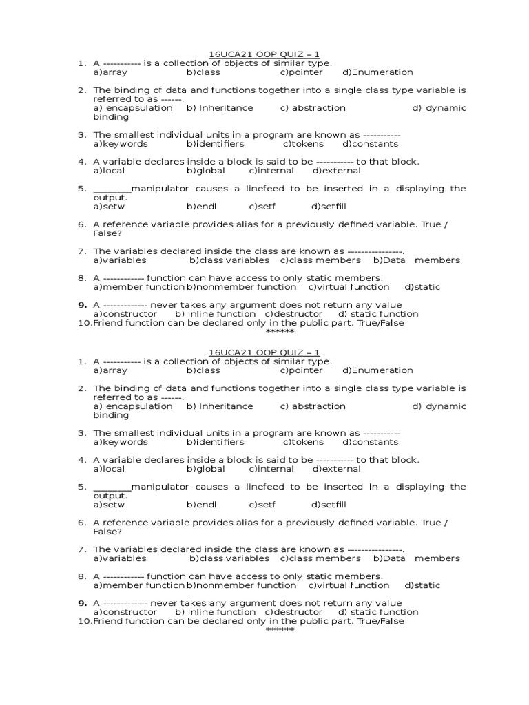 Oop Quiz 1 Pdf Class Computer Programming Method Computer