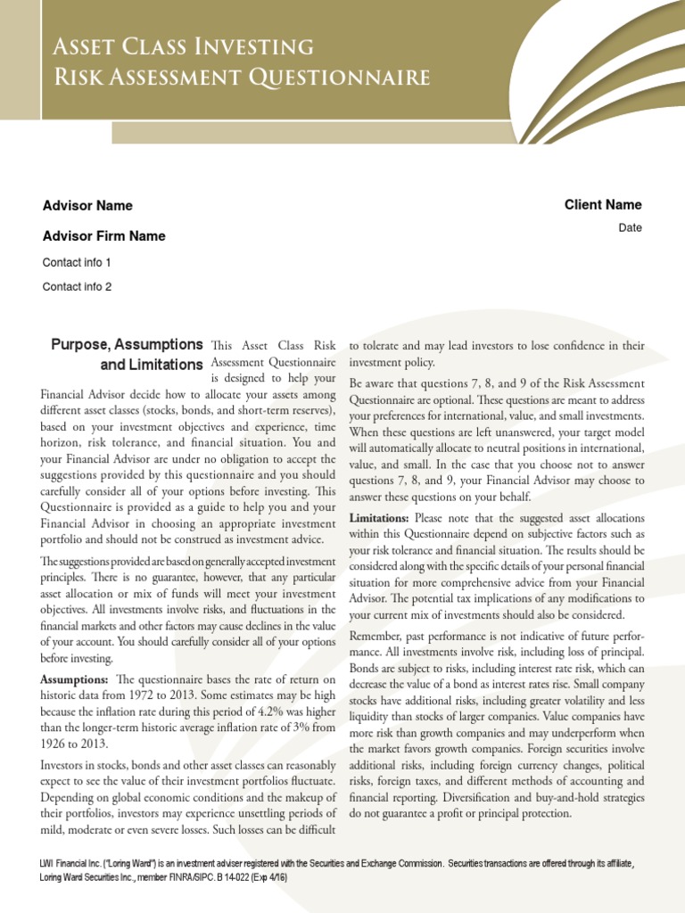Asset Class Investing Risk Assessment Questionnaire: Advisor Name ...