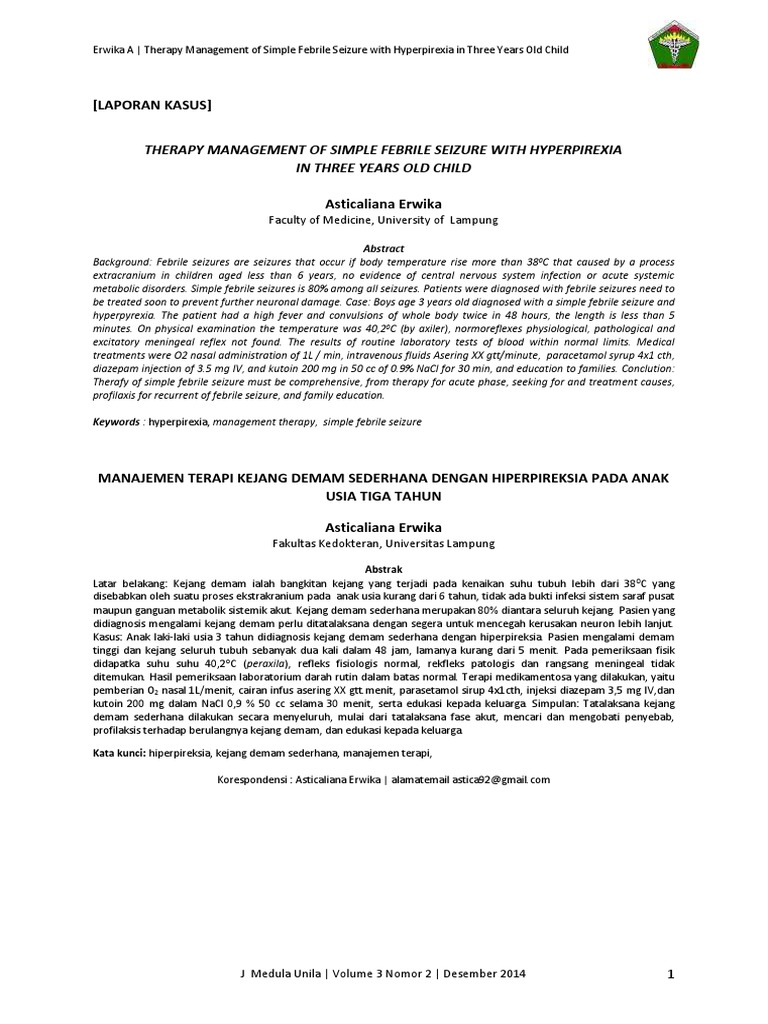 Therapy Management of Simple Febrile Seizure With Hyperpirexia in Three ...