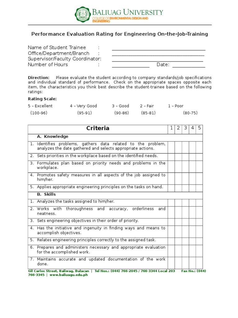 Performance Evaluation Rating For Engg OJT | PDF | Performance ...