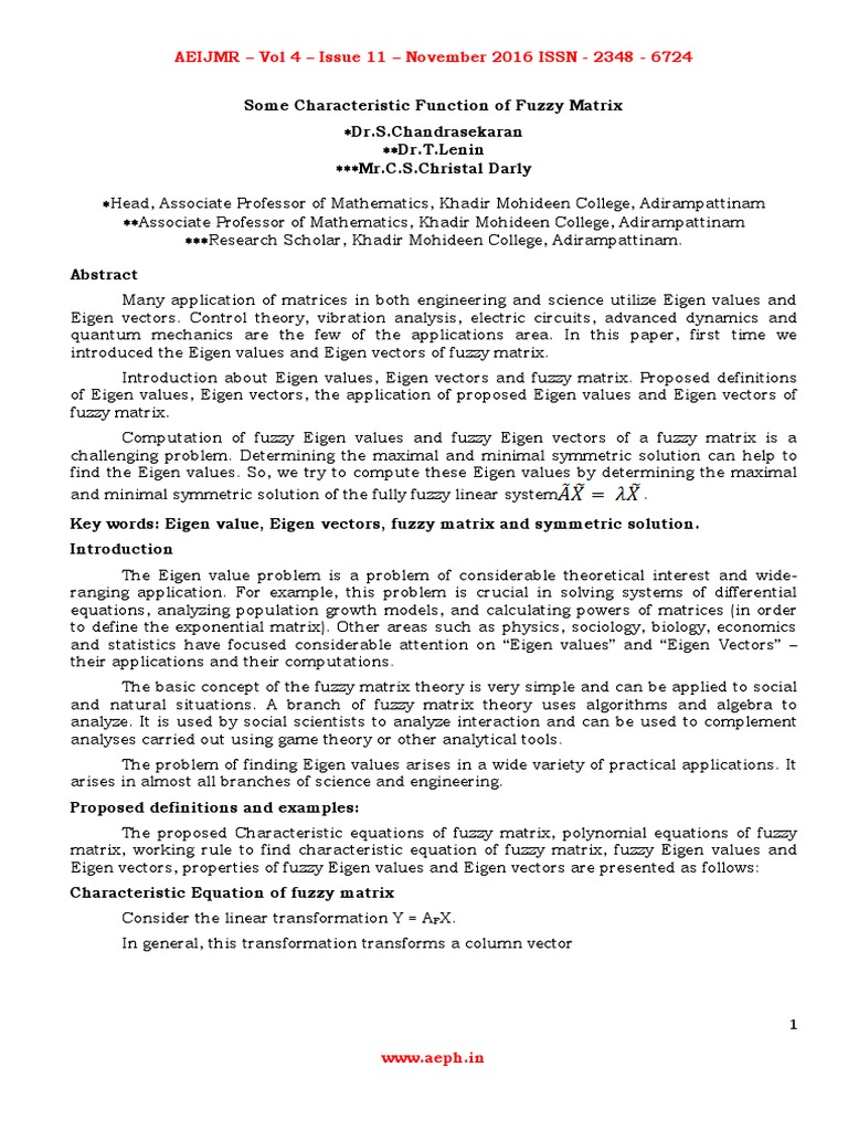 Some Characteristic Function of Fuzzy Matrix | PDF | Eigenvalues And ...