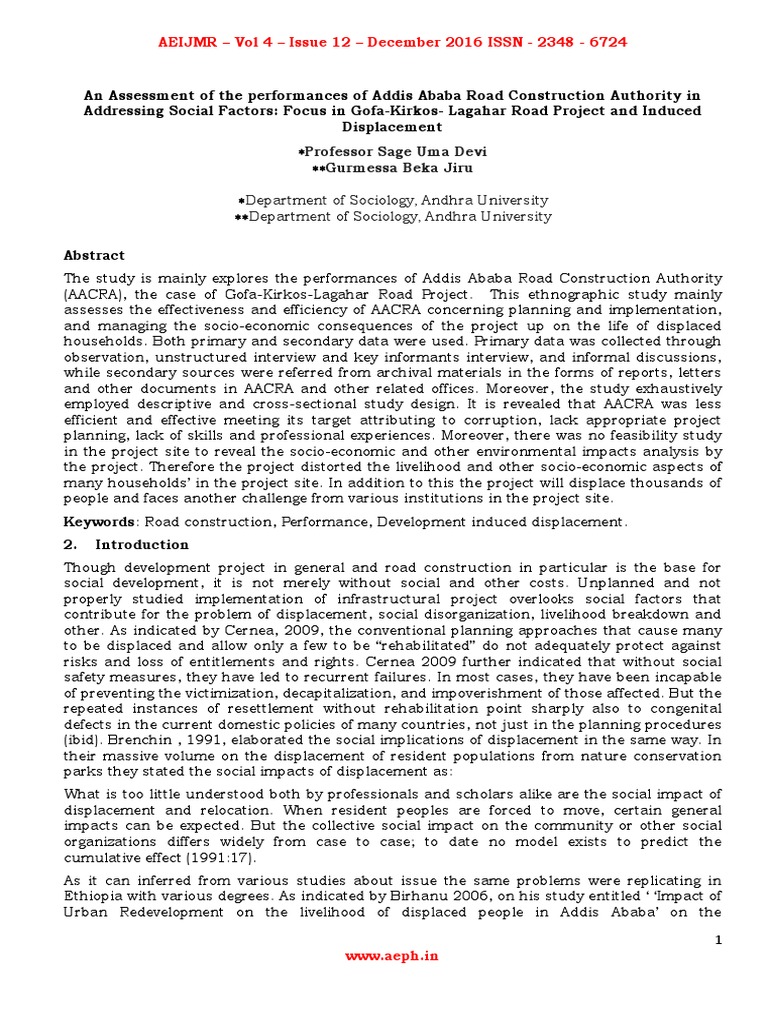 An Assessment of The Performances of Addis Ababa Road Construction ...