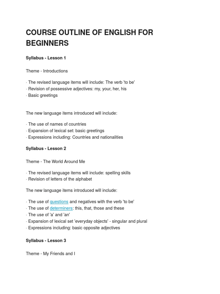 Beginner English Course Outline | PDF | Grammatical Number | Verb