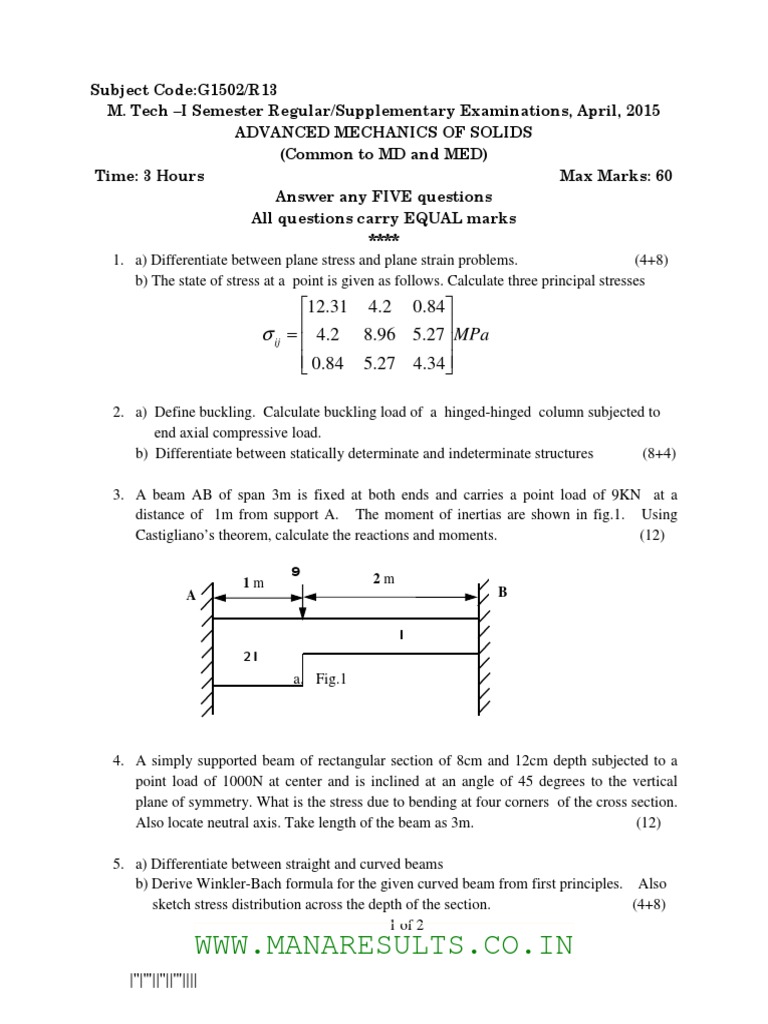 M.Tech Exam Advanced Mechanics of Solids | PDF