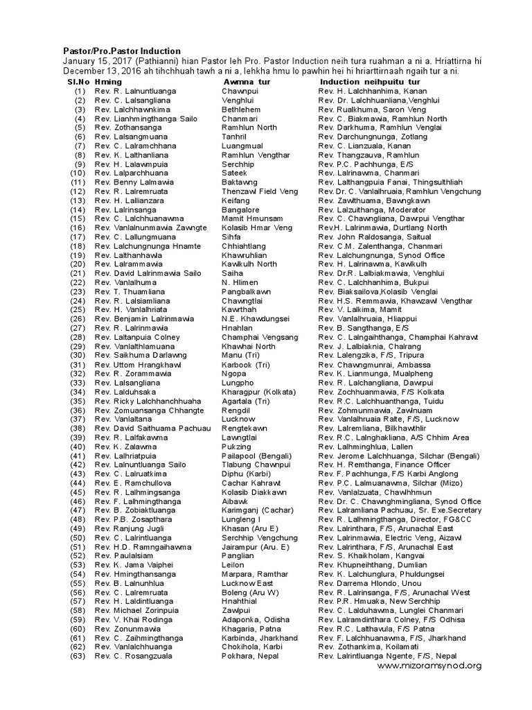 Pastor & Pro Pastor Induction 2017 | PDF