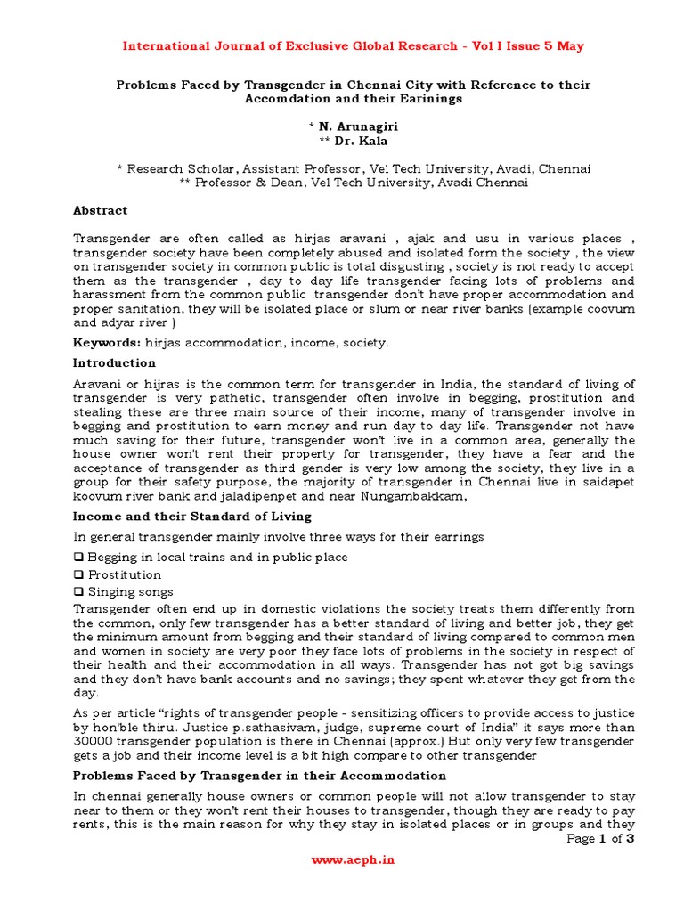 Problems Faced by Transgender in Chennai City With Reference To Their ...