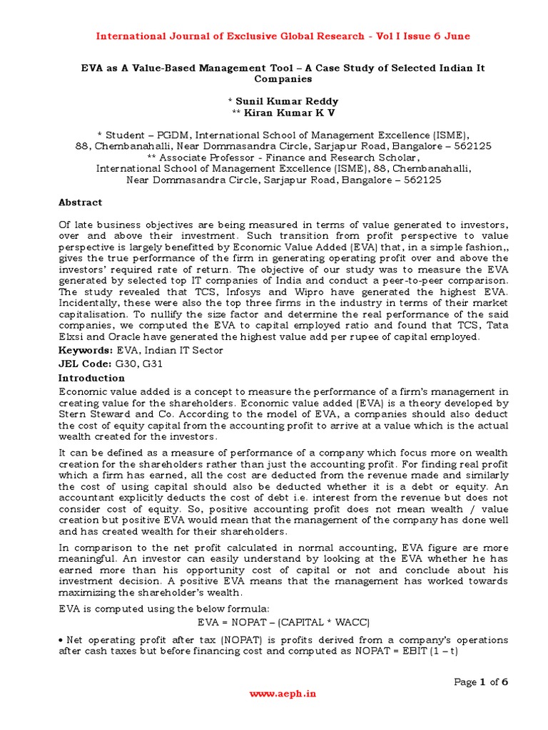 EVA As A Value Based Management Tool A Case Study of Selected Indian It ...