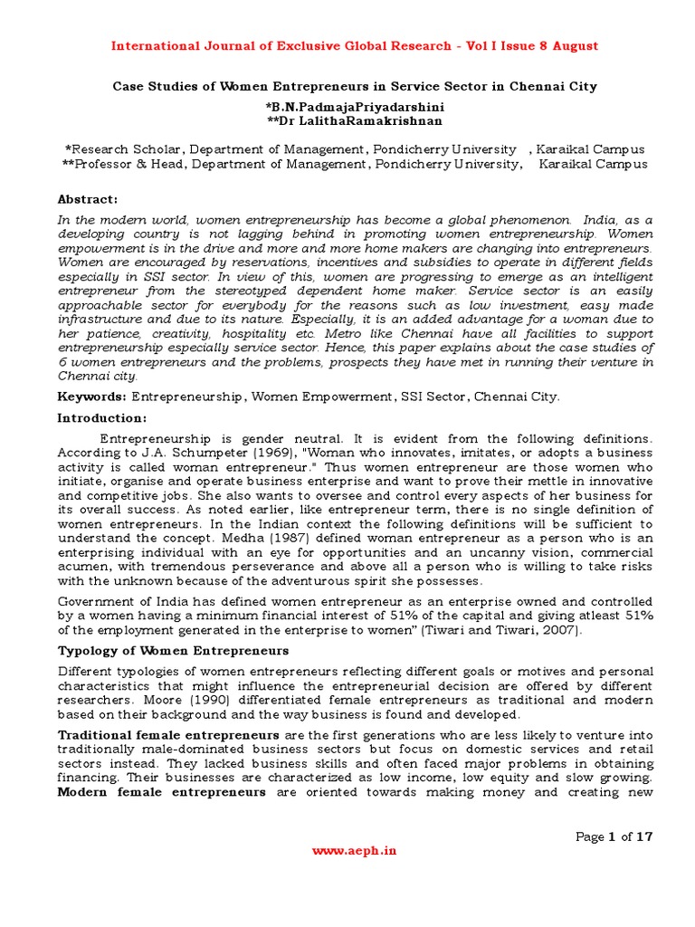 Case Studies of Women Entrepreneurs in Service Sector in Chennai City ...