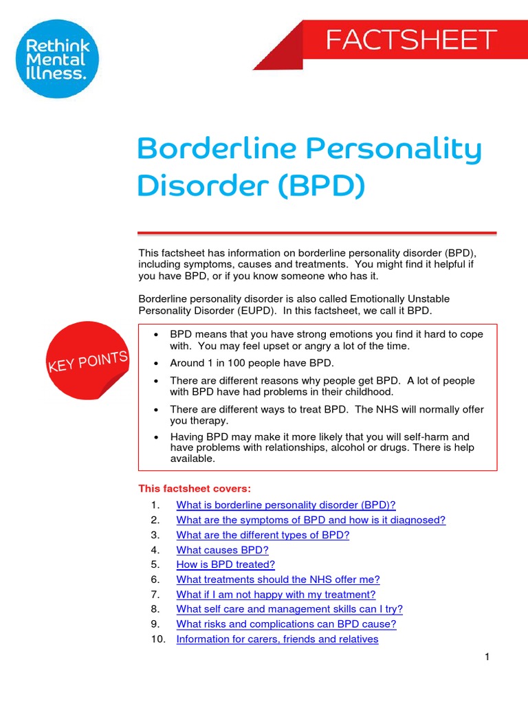 Borderline Personality Disorder BPD Factsheet | PDF | Borderline ...