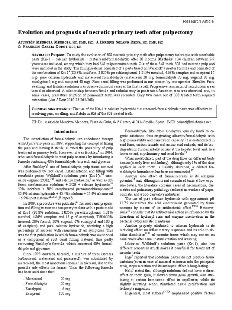 Evolution and Prognosis of Necrotic Primary Teeth After Pulpectomy ...
