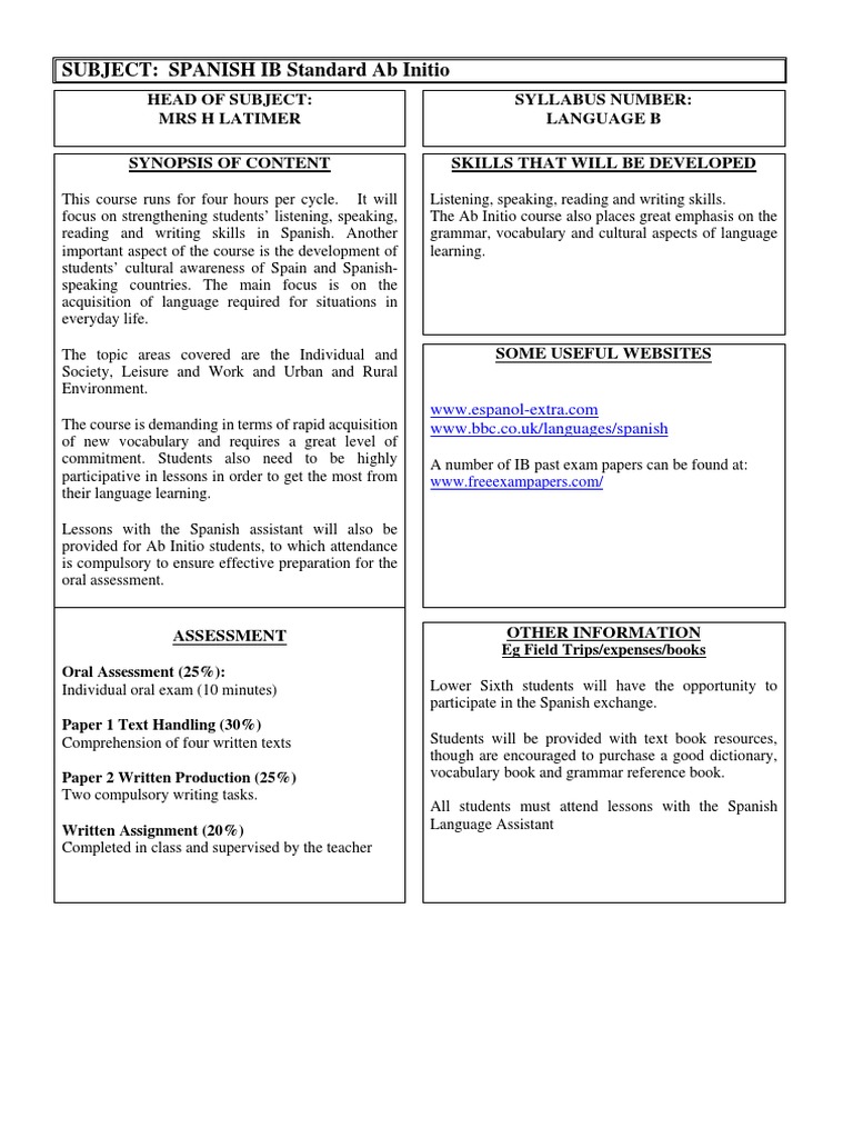 Spanish IB Standard Ab Initio | PDF