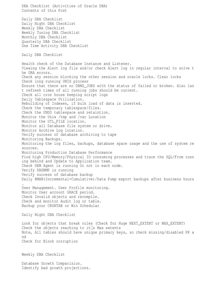Check List Dba Checklist Activities Of Oracle Dba Oracle Database Database Schema Free