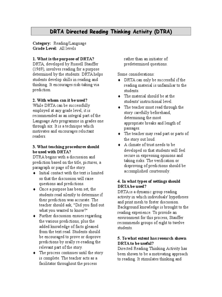DRTA Directed Reading Thinking Activity (DTRA) | PDF | Prediction | Reading (Process)