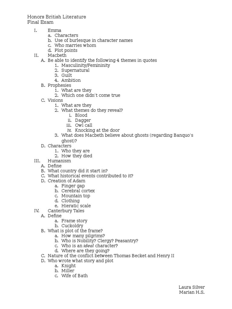Honors British Literature Final Exam | PDF