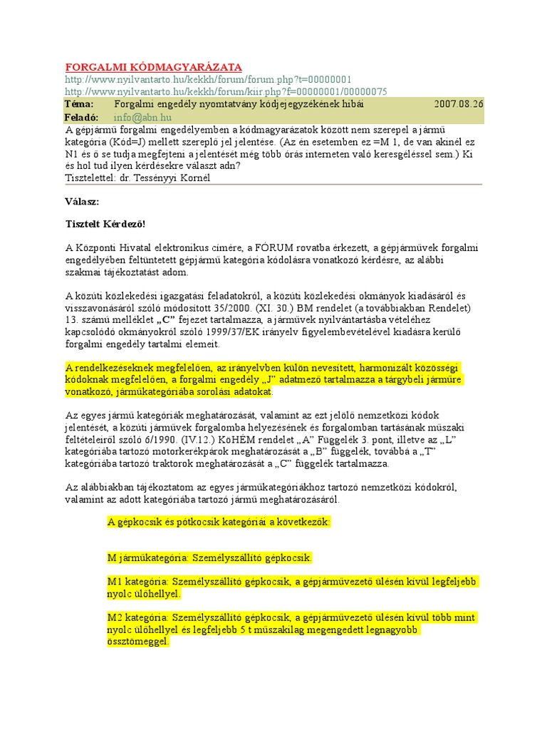 Forgalmi Engedely Kodjainak Magyarazata | PDF