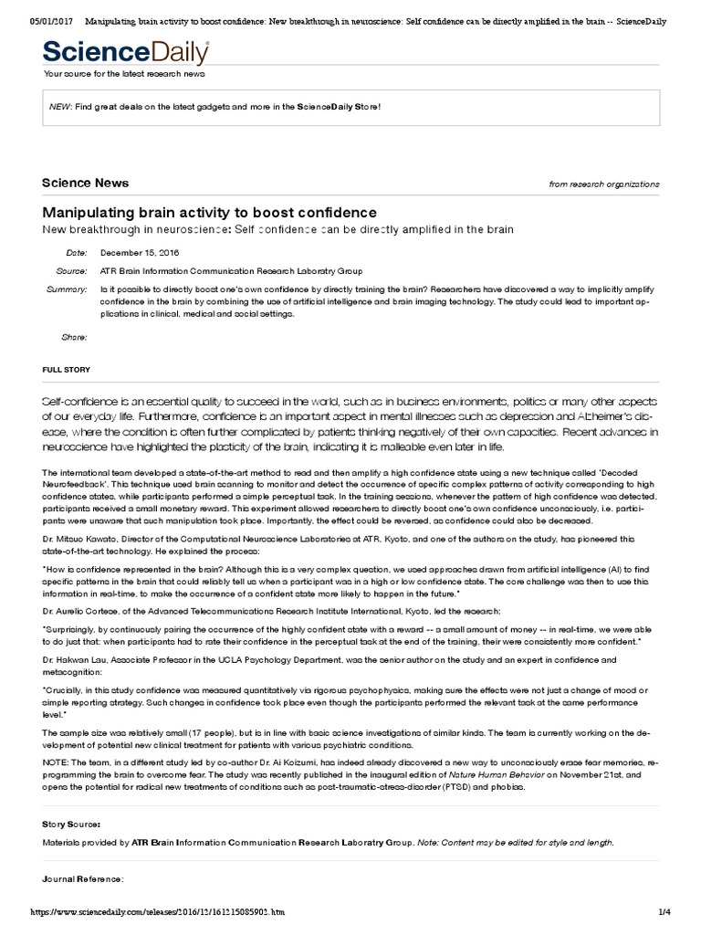Manipulating Brain Activity To Boost Confidence: Science News | PDF