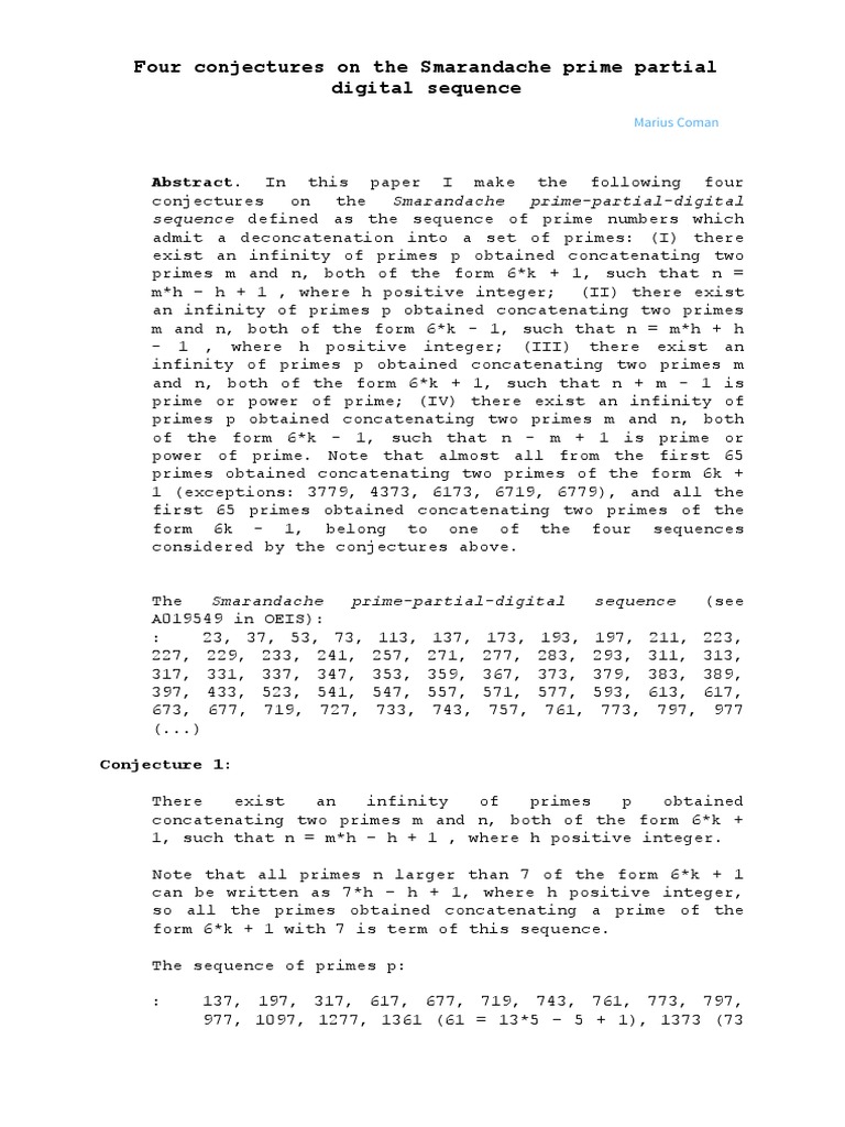 Four Conjectures On The Smarandache Prime Partial Digital Sequence | PDF | Prime Number | Sequence