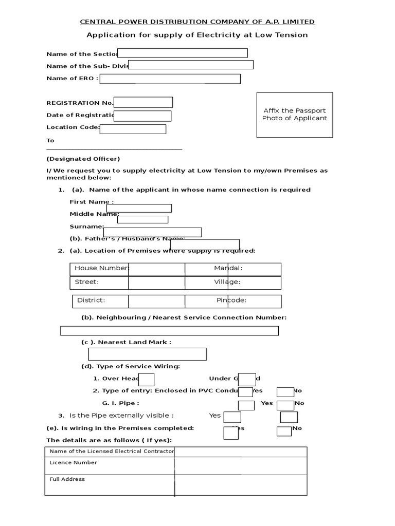 Application For Supply of Electricity at Low Tension: Affix The ...