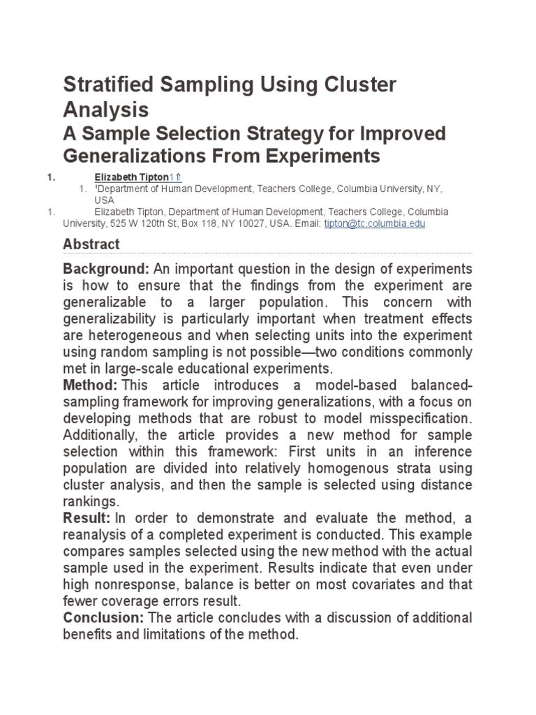 Stratified Sampling Using Cluster Analysis: A Sample Selection Strategy For Improved ...