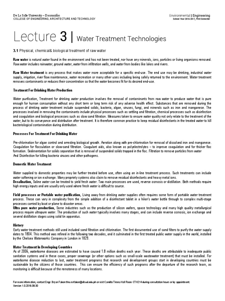 Lecture 3 - Water Treatment | PDF | Sewage Treatment | Water Purification