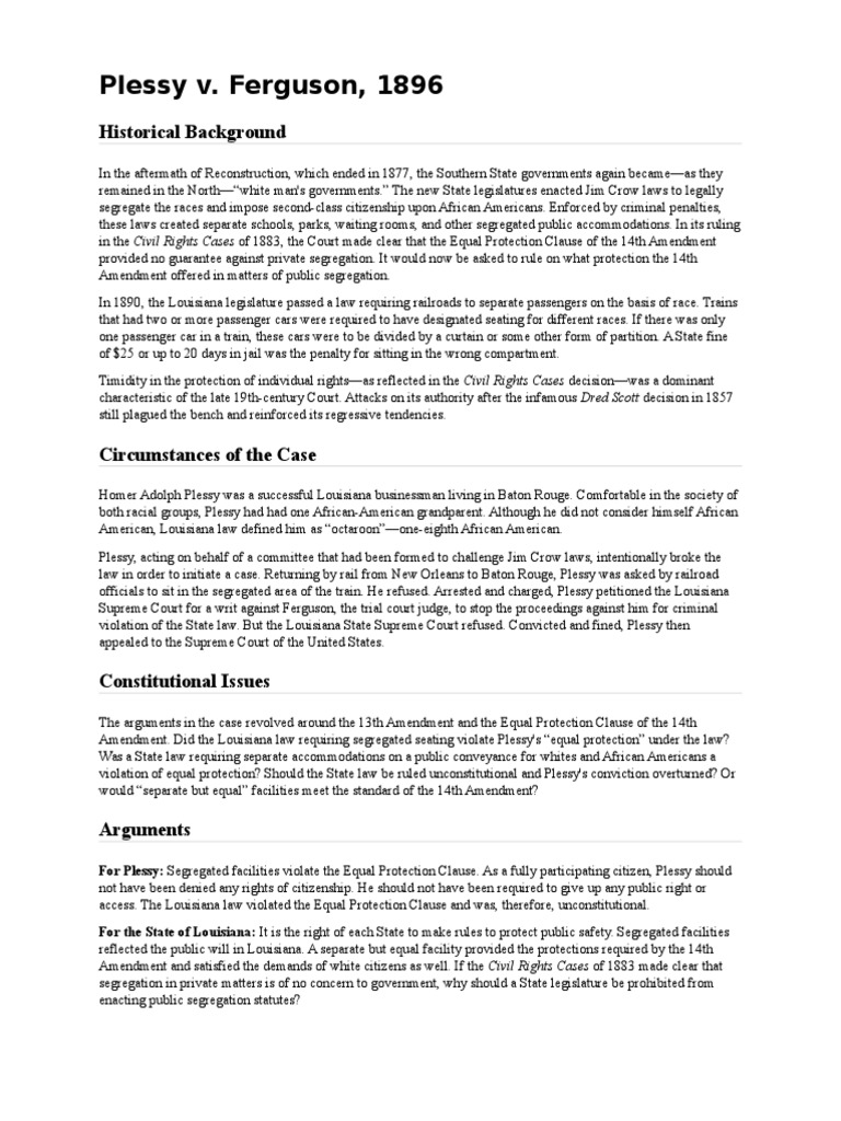 Summary of Plessy v. Ferguson Case | PDF | Equal Protection Clause ...